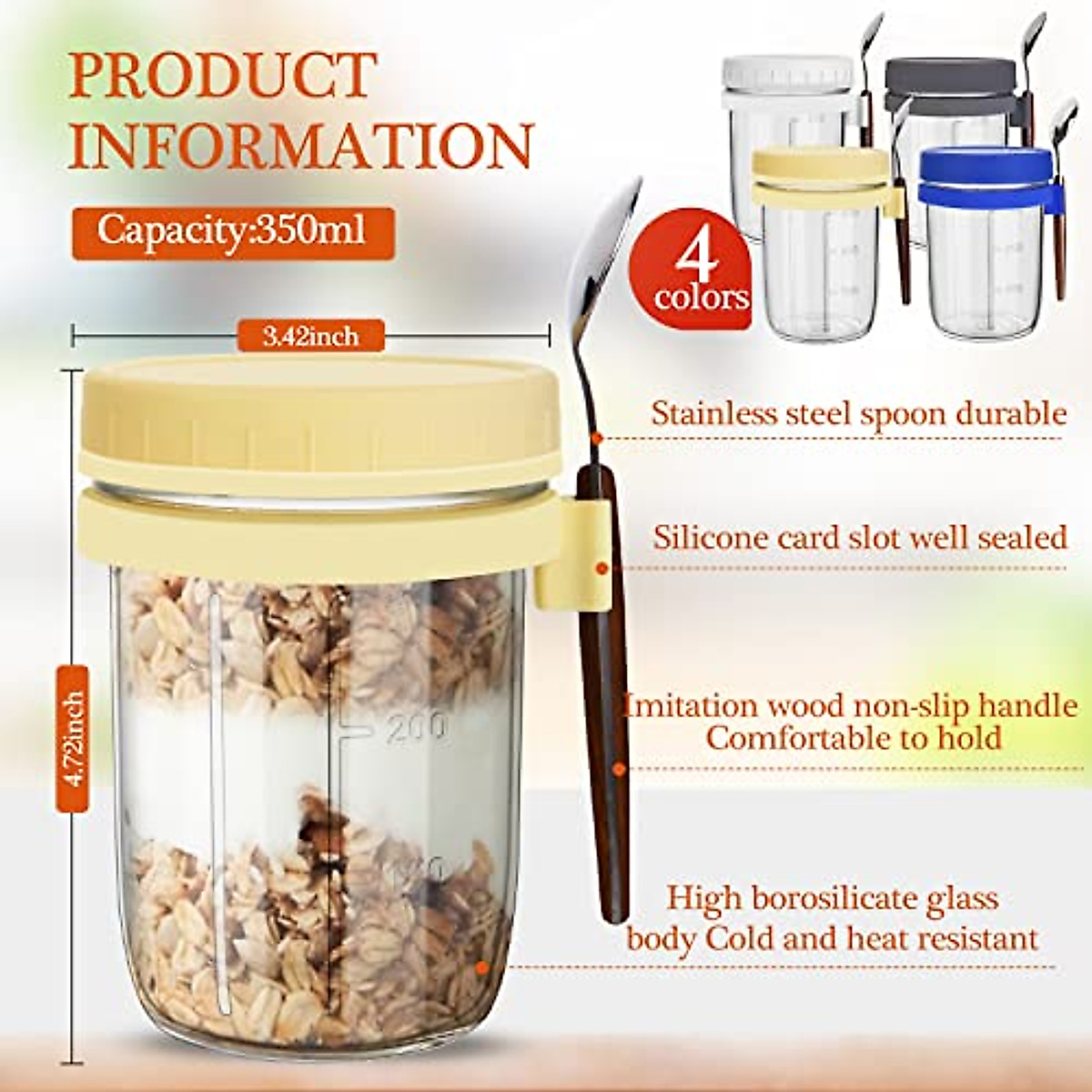 AeKahtay 4 Pack Overnight Oats Containers with Lids and Spoons, 16 oz Glass Mason Overnight Oats Jars, Cereal, Milk, Yogurt Meal Prep, Oatmeal Jars with Lids Ideal for Home, Office Grab and Go