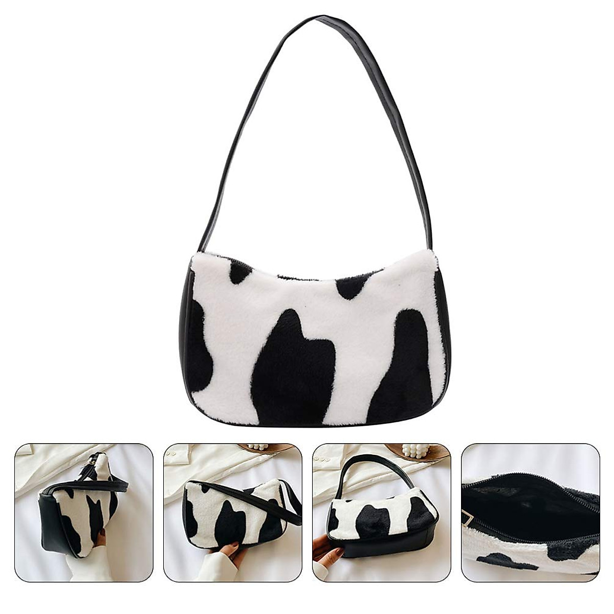 VALICLUD Shoulder Bag for Women Mini Furry Handbag Underarm Purse Cow Print Clutch Bag Faux Fur Purse