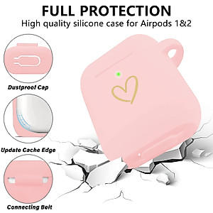 AIIEKZ Compatible with AirPods Case Cover, Soft Silicone Case with Gold Heart Pattern for AirPods 2&1 Generation Case with Cute Cherry Blossoms Keychain for Girls Women (Pink)