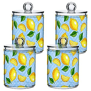 Plastic Jars with Lids,Yellow Lemons Blue Checkered Bulk Pack Storage Containers Wide Mouth Airtight Canister Jar for Kitchen Bathroom Farmhouse Makeup Countertop Household,Set 2