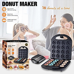 Mini Donut Maker, Machine for Kid-Friendly Breakfast, Mini pancakes maker Machine for Breakfas,Snacks, Desserts & More with Non-stick Surface, Double-sided heating Makes 16 Doughnuts - Black
