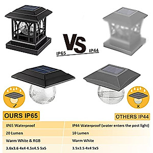 Solar Post Cap Lights Outdoor Fits 3.6x3.6 4x4 4.5x4.5 5x5 Wooden Fence Deck Patio Garden, RGB & Warm White 2 Lighting Mode, 20 LM 1000mAh Battery IP65 Waterproof, ABS Shell Glass Lens, Black (4 Pack)