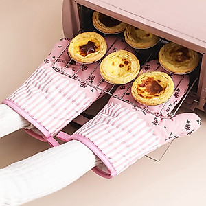 Pink Kitchen Oven Mitts, 2 Piece Set Extra Long Professional Heat Resistant Pink Kitchen Accessories Oven Gloves, 100% Cotton Material Non-Slip