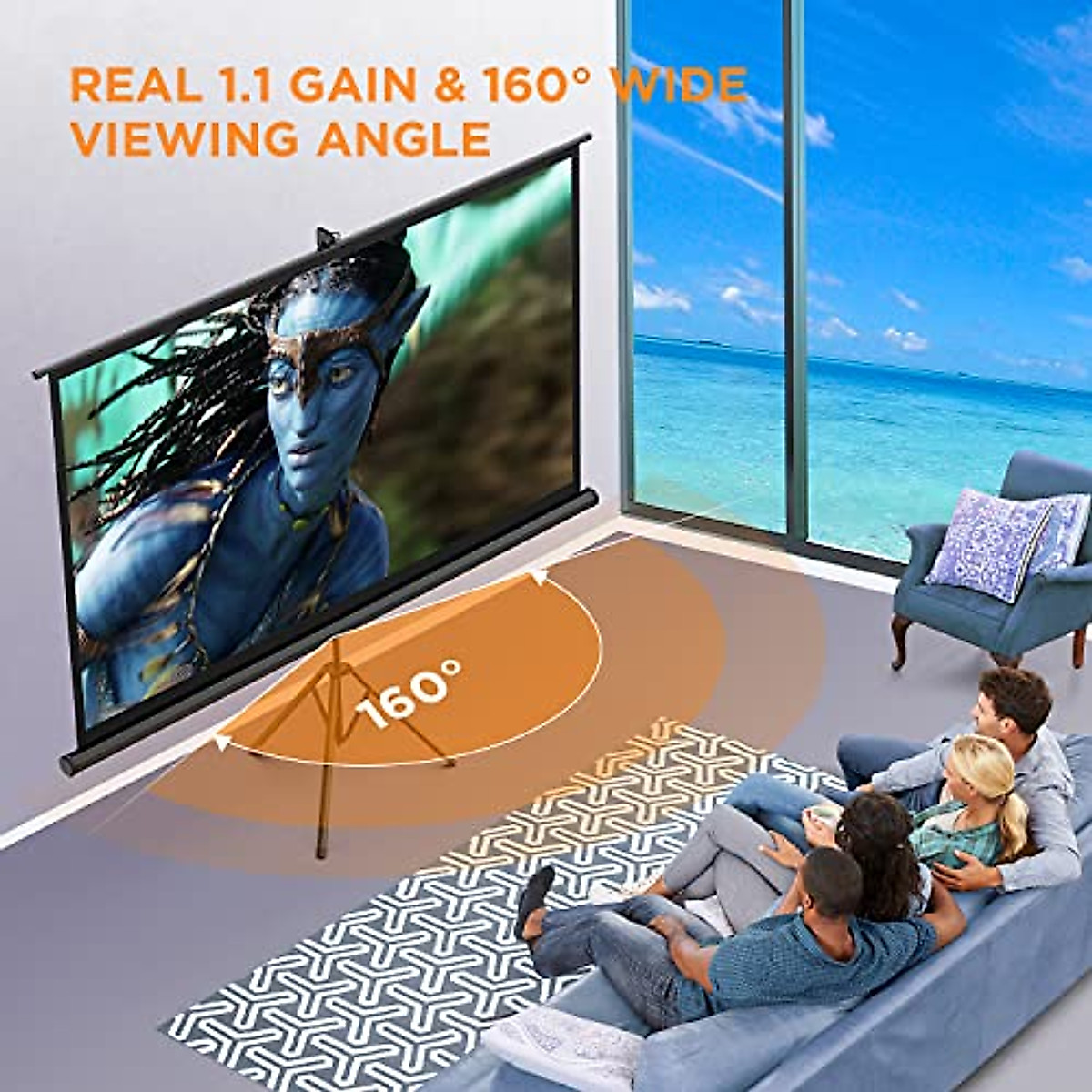 Projector Screen and Stand, 16:9 4K HD Projector Screen Outdoor 100 inch Portable Projector Screen with Stand, Easy Setup, Wrinkle-Free , Outdoor Projector Screen for Backyard, Camping, Living Room