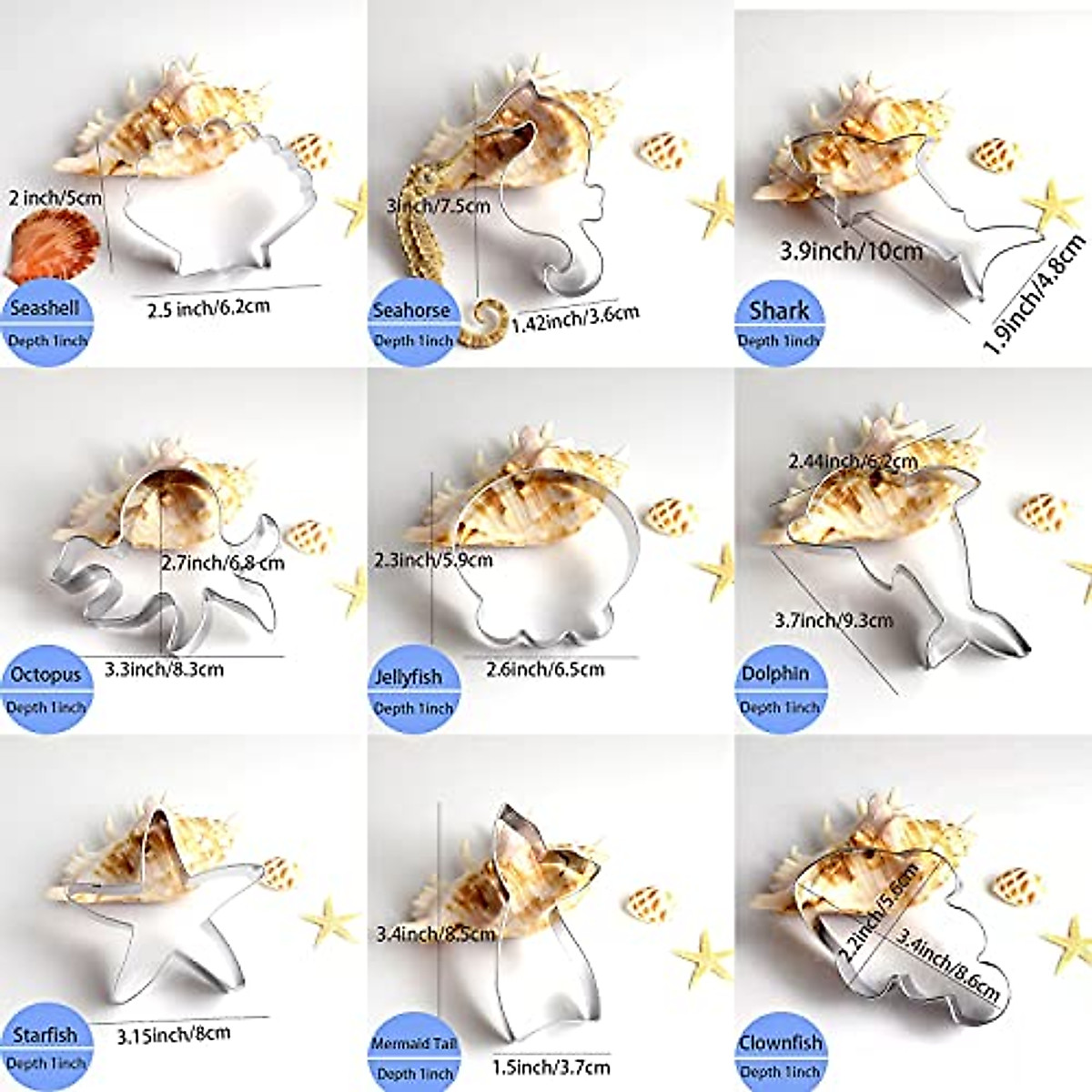 Ocean Creature Mermaid Cookie Cutters Set 9 PCS Metal Cookie Cutters for Baking Dolphin,Clownfish,Mermaid Tail,Octopus,Seahorse,Starfish,Seashell,Jellyfish,Shark Cookie Cutters Molds