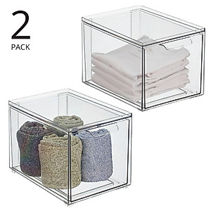 mDesign Plastic Closet Organizer Bin w/Pull Out Drawer - Slim Stackable Storage for Closet - Organization for Accessories, Bags, Totes, Small Linens, and More - Lumiere Collection - 2 Pack - Clear