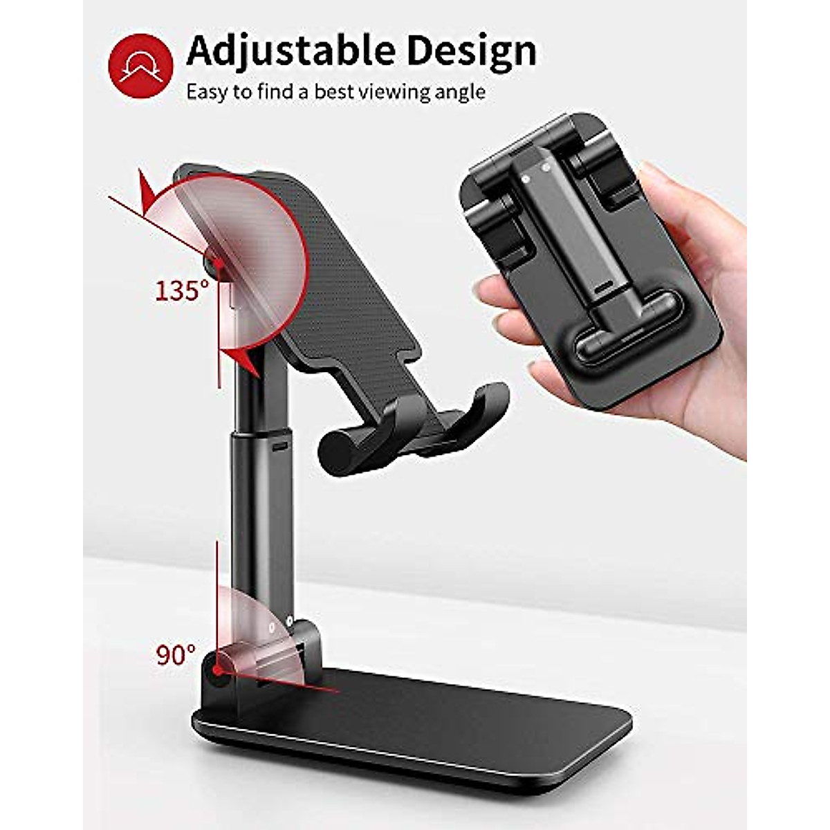 Foldable Cell Phone Stand, Zinalop [2021 Latest] Angle & Height Adjustable Desk Phone Holder with Stable Anti-Slip Design Compatible with iPhone 12/12 Pro/Smartphones/iPad Mini/Kindle(Black)
