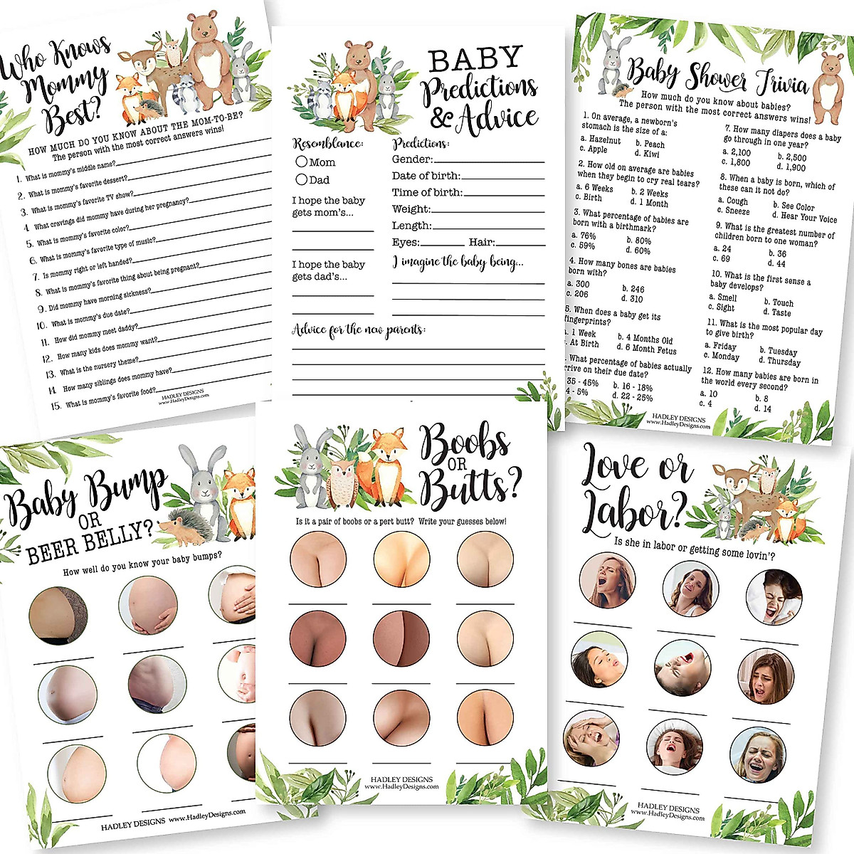 75 Woodland Who Knows Mommy Best, Baby Prediction and Advice Cards etc, 25 Guess How Many Cards - 8 Double Sided Cards Baby Shower Games Funny, How Many Kisses Game Baby Shower Decorations