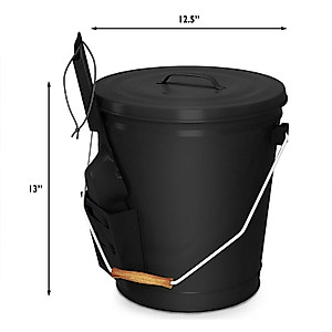 RTR_GF Steel Ash Bucket with Shovel Black Fireplace Stoves 4.75 Gallon 13 Inch High
