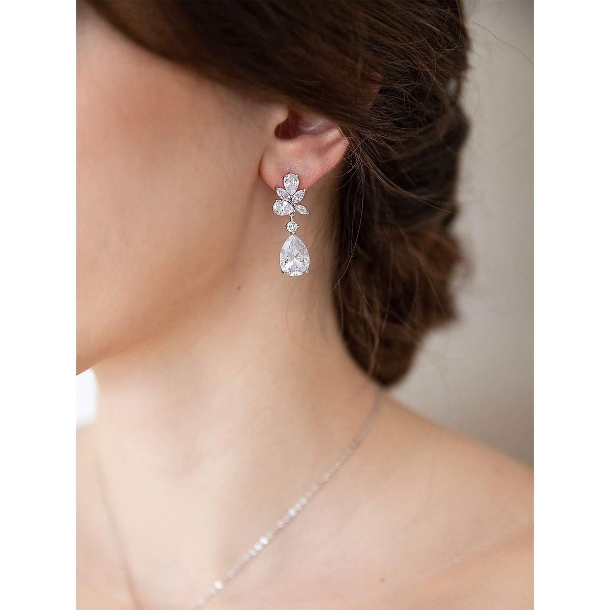 SWEETV Elegant Bridal Wedding Earrings for Brides, Bridesmaids, Cubic Zirconia Teardrop Dangle Earrings for Women Formal Jewelry, Silver