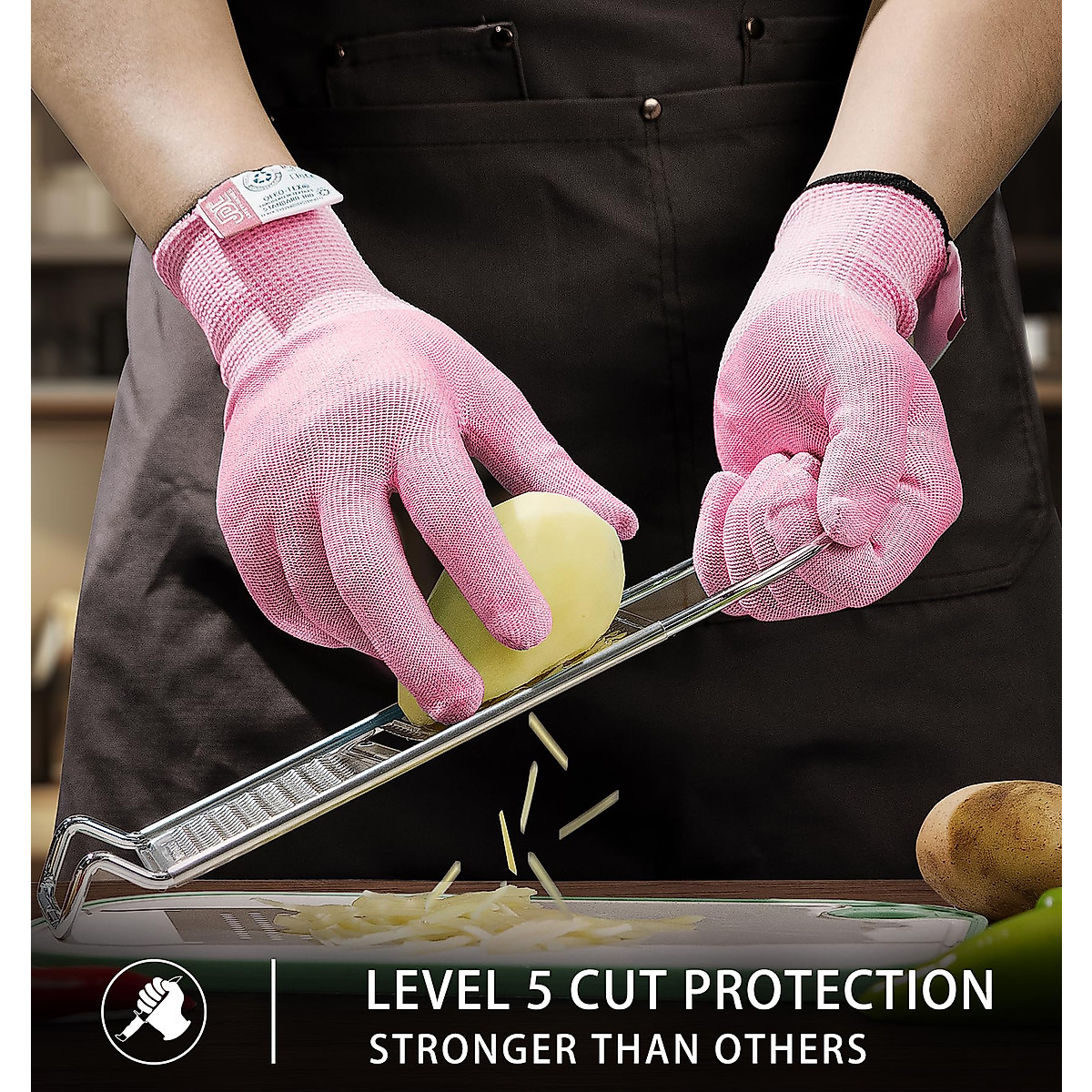 JDL Large Pink Cut Resistant Gloves with Touch Screen, Food Grade, ANSI A5, 3D Stretch Fit, Firm Grip, Suitable for Oyster Shucking, Meat Slicing, Kitchen Protection