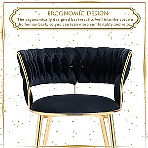 SmartDer Velvet Dining Chairs Set of 4, Upholstered Dining Room Chairs with Woven Backrest, Modern Kitchen Dinner Chair, Tufted Accent Vanity Armchair for Dining Room, Living Room, Bedroom, Black