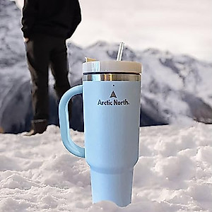 Arctic North 40 oz Light Blue Insulated Tumbler with Handle, 3 Straw, Lid, Reusable Tumbler Coffee Cups with Lids, Stainless Steel Vacuum Insulated Travel Mug with Handle, Wide Mouth,