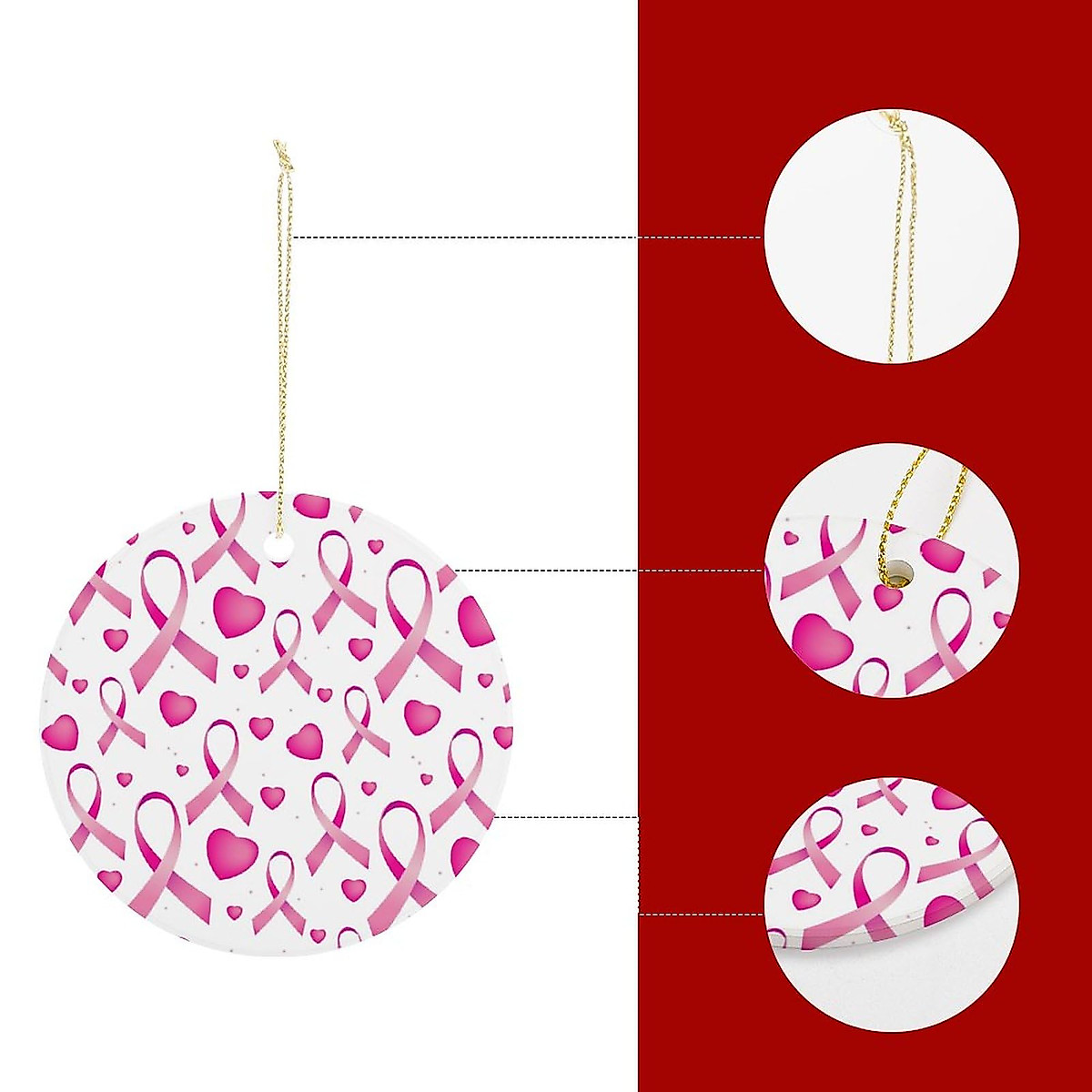 Breast Cancer Pink Ribbon Christmas Decorations Round Ceramic Hanging Ornament Xmas Decor for Christmas Tree Party