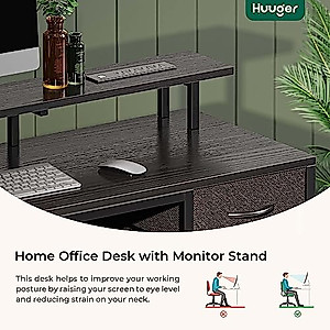 Huuger 47 inch Computer Desk with 4 Drawers, Gaming Desk with LED Lights & Power Outlets, Home Office Desk with Large Storage Space for Bedroom, Work from Home, Black