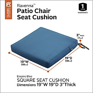Classic Accessories Ravenna Water-Resistant 19 x 19 x 3 Inch Patio Seat Cushion, Empire Blue, Chair Seat Cushion