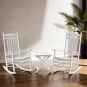 BplusZ Outdoor Patio Wooden Rocking Chairs Small Folding Side Table Set 3 Piece Furniture, 2 Rockers and 1 Foldable End Table, Porch Bistro Balcony, White