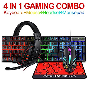 T-Wolf Gaming Combo TF800 Keyboard/Mouse/Headphone/Mouse Pad Wired LED RGB Backlight Bundle for PC Gamers Users - 4 in 1, Black