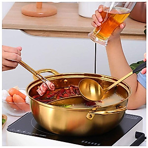 Color ME! 12 Inch 18/8 Stainless Steel Shabu Shabu Hot Pot with Divider Color Me Chinese Induction Shabu Shabu Pot with Glass Lid Dual Sided Stockpots (Gold)