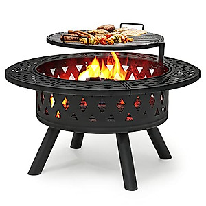 MoNiBloom 38" Wood Burning Fire Pit Metal Backyard Patio Round Table Outdoor Heating and Cooking Grill Rack Grate for Garden Picnic Camping Bonfire, Black
