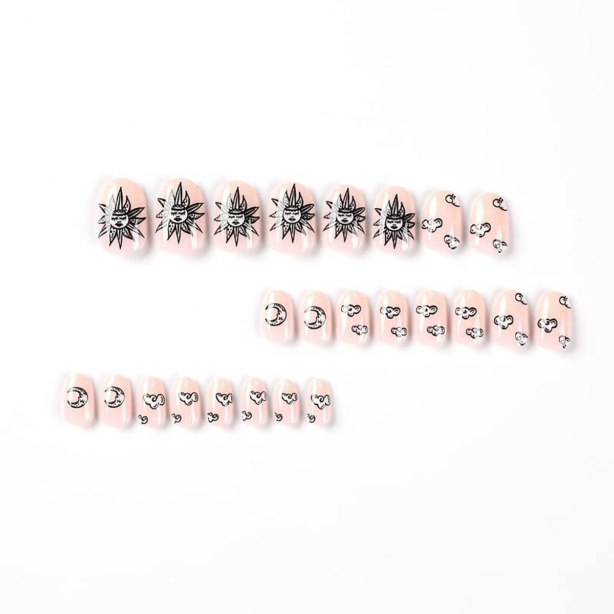 Press on Nails Short Moon Clouds with Designs Nude Glossy Fake Nails Full Cover Glue on Nails Acrylic Nails False Nails Nail Decorations for Women Girls