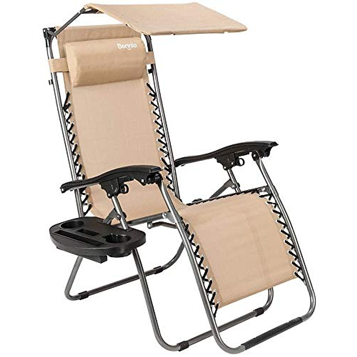 Bonnlo Zero Gravity Chair with Canopy Shade Patio Sunshade Lounge Chair, Folding Chair with Canopy Reclining Canopy Chairs with Cup Holder and Headrest for Beach Garden (Khaki)
