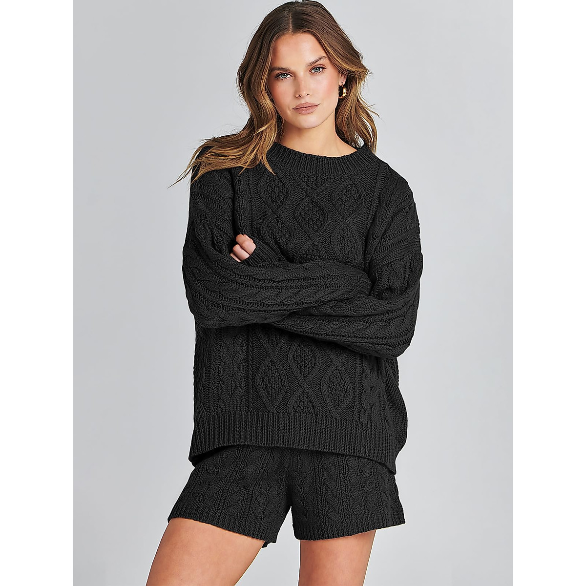 ANRABESS Women 2 Piece Outfits Sweater Lounge Loungewear Sets Fall Cable Knit Oversized Sweaters Short Pants Matching Sets Black Small