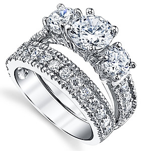 1.25 Carats Sterling Silver Past Present Future 2-Pc Bridal Set Cubic Zirconia Engagement Wedding Ring Band ( size 8)