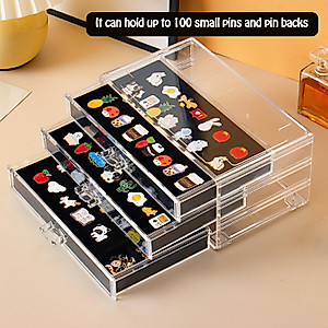 SPAKOWN Pin Display Case, 3 Drawers Enamel Pin Display Box Dustproof Pin Collection Display Holder Pin Organizer for Collectors (Black)