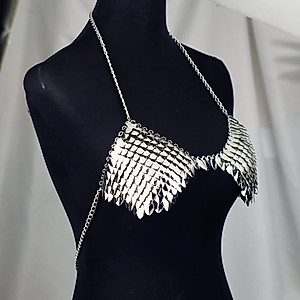 Gold Scale Body Chain Jewelry for Women Sexy Bikini Carnival Bra Harness Music Festival (Silver Color)