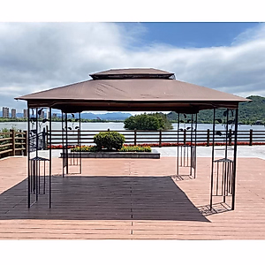 JINS&VICO 13x10 ft Gazebo Double Roof Canopy with Netting and Shaded Curtains, Outdoor Gazebo 2-Tier Hardtop Galvanized Iron Aluminum Frame Garden Tent for Patio, Backyard, Deck and Lawns, Brown