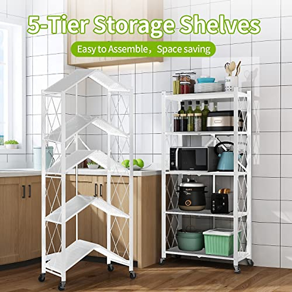 Mochubang Foldable Storage Shelves Unit, 5-Tier Folding Shelf Steel Shelving Rack Organizer Cart with Rolling Wheels for Mobile in Kitchen, Warehouse, Closet, Patio, Pantry Organization (White)