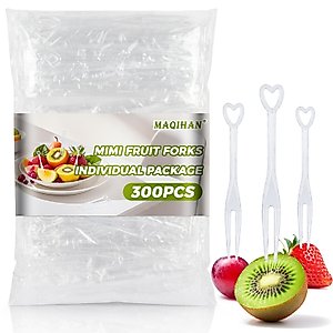 MAQIHAN 300Pcs Disposable Mini Fruit Forks - Plastic Appetizer Forks Mini Cocktail Forks Individually Wrapped Tiny Dessert Forks Cocktail Food Picks Palillos Para Fruta for Party Appetizer Charcuterie