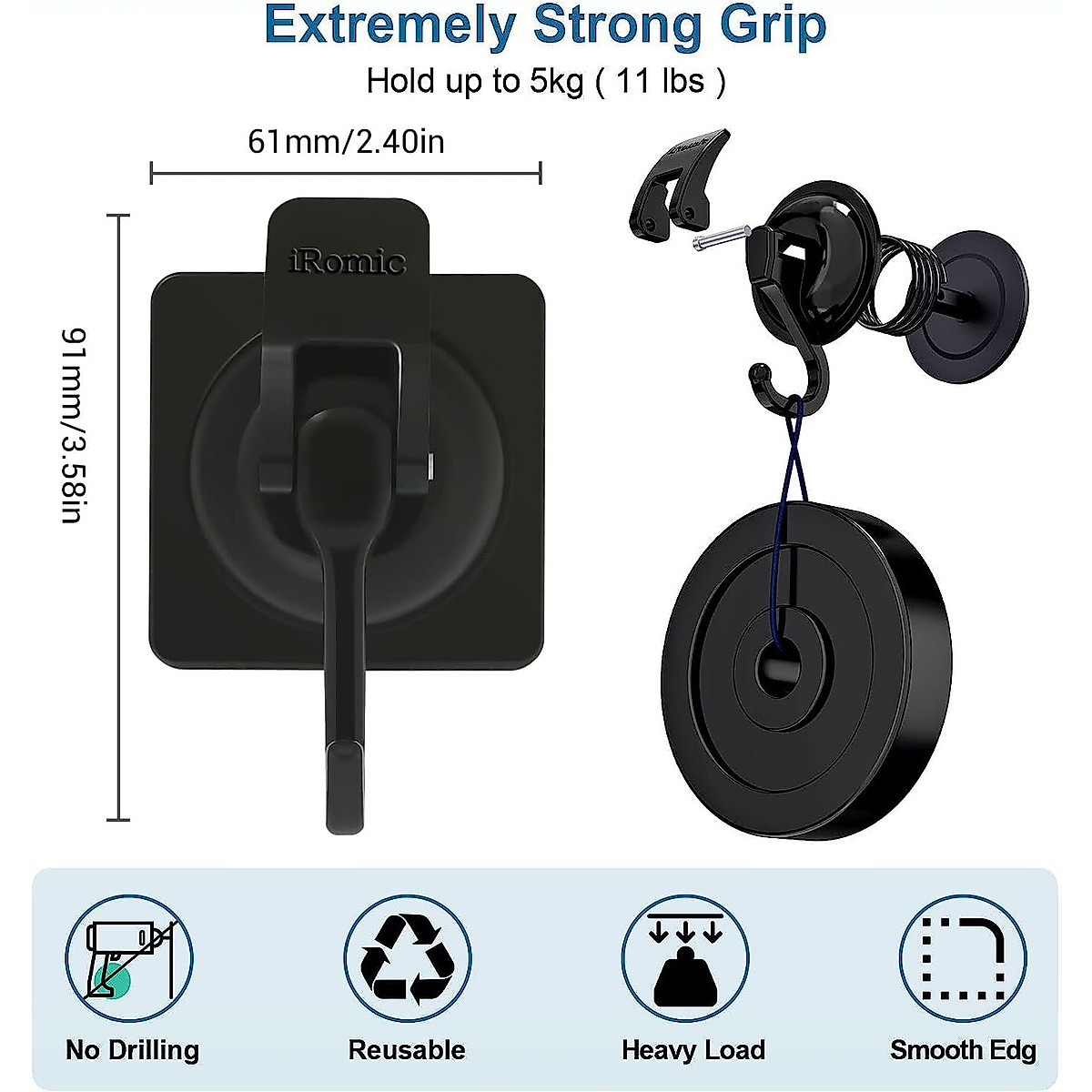 iRomic New Heavy Duty Vacuum Suction Cup Hook Organizer for Kitchen&Bathroom Accessories,Black.