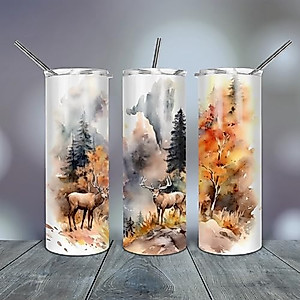 Autumn Reindeer Skinny Tumbler, Coffee Tumbler with Lid and Straw, Stainless Steel Insulated Travel Coffee Mug with Lid, Reusable Skinny Tumbler Cup for Women and Men (20 oz)