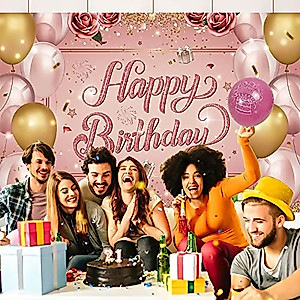 7x5Ft Red Rose Flowers Floral Happy Birthday Backdrop Gold and Pink Balloon Photo Background Women Birthday Party Decorations Party Supplies Photo Background Banner Polyester Fabric