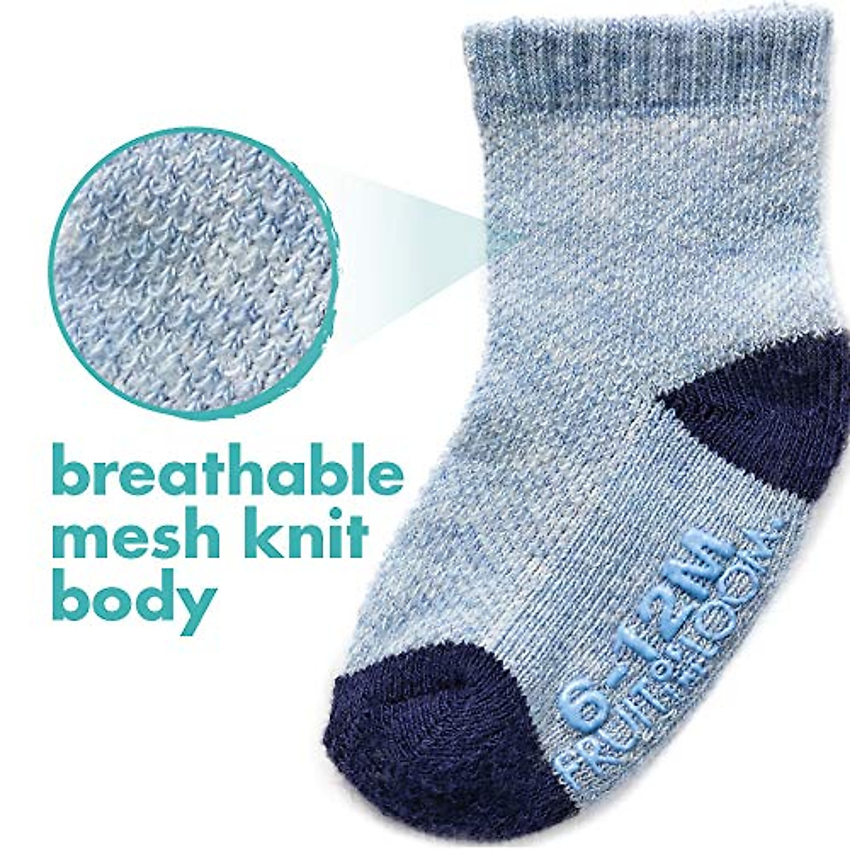 Fruit of the Loom Baby 6-Pack All Weather Crew-Length Socks, Mesh & Thermal Stretch - Unisex, Girls, Boys (6-12 Months, Blue)