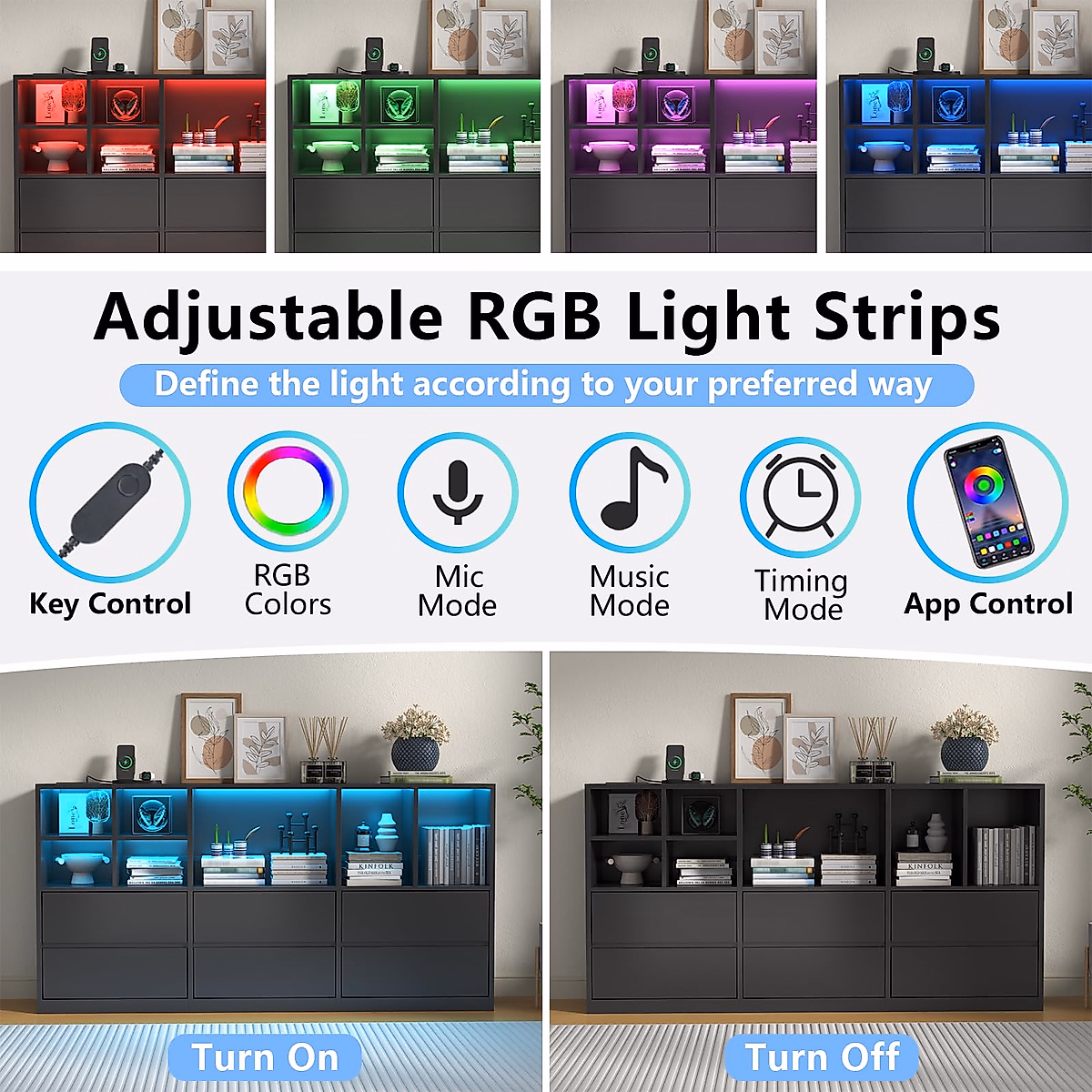 6 Drawers Dresser with 7 Storage Cubbies, LED Chest of Drawers with Power Outlet, 63" Triple Wide Long Dresser Organizer for Bedroom, Modern TV Stand with Open Shelf for Living Room, Entryway (Black)