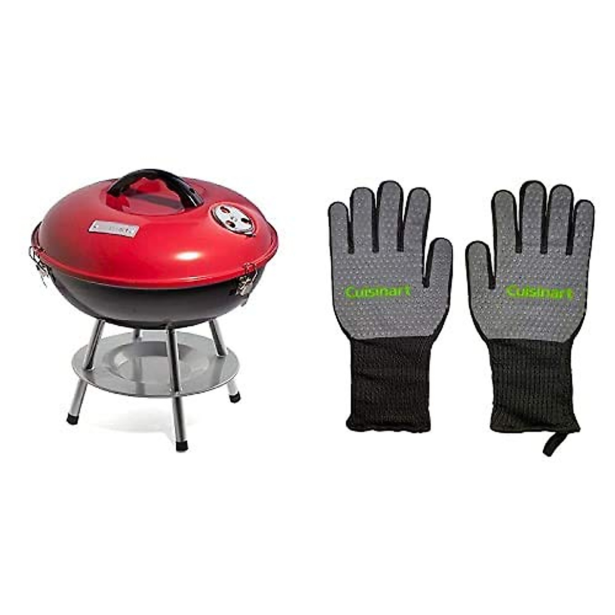 Cuisinart Grill Bundle - Portable Charcoal Grill, 14" (Red) & Heat Resistant Grill Gloves (Black)