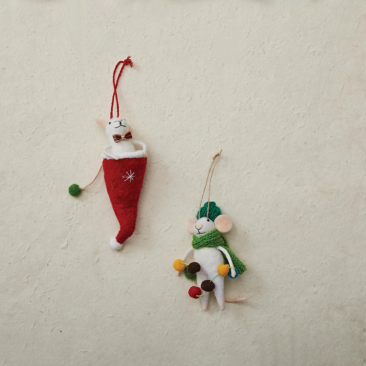Creative Co-Op Wool Felt Mouse in Hat with Bowtie Ornament, Red, White and Green