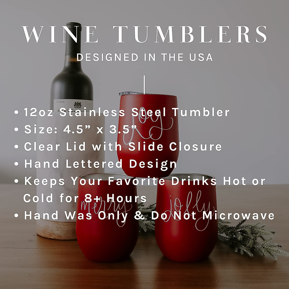 Sweet Water Decor Merry Metal Wine Tumbler | 12oz Stainless Steel Insulated Stemless Wine Cup With Lid | Cute Wine Glass with Funny Sayings for Women, Christmas, Holiday, Winter, Xmas