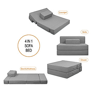 QIUBABYO Folding Sofa Bed Couch with Armrest-Convertible Sleeping Mattress Guest Bed Lounger,Memory Foam Foldable Mattress with Luxury Washable & Removable Cover, 75"x47"x8 (Light Grey)