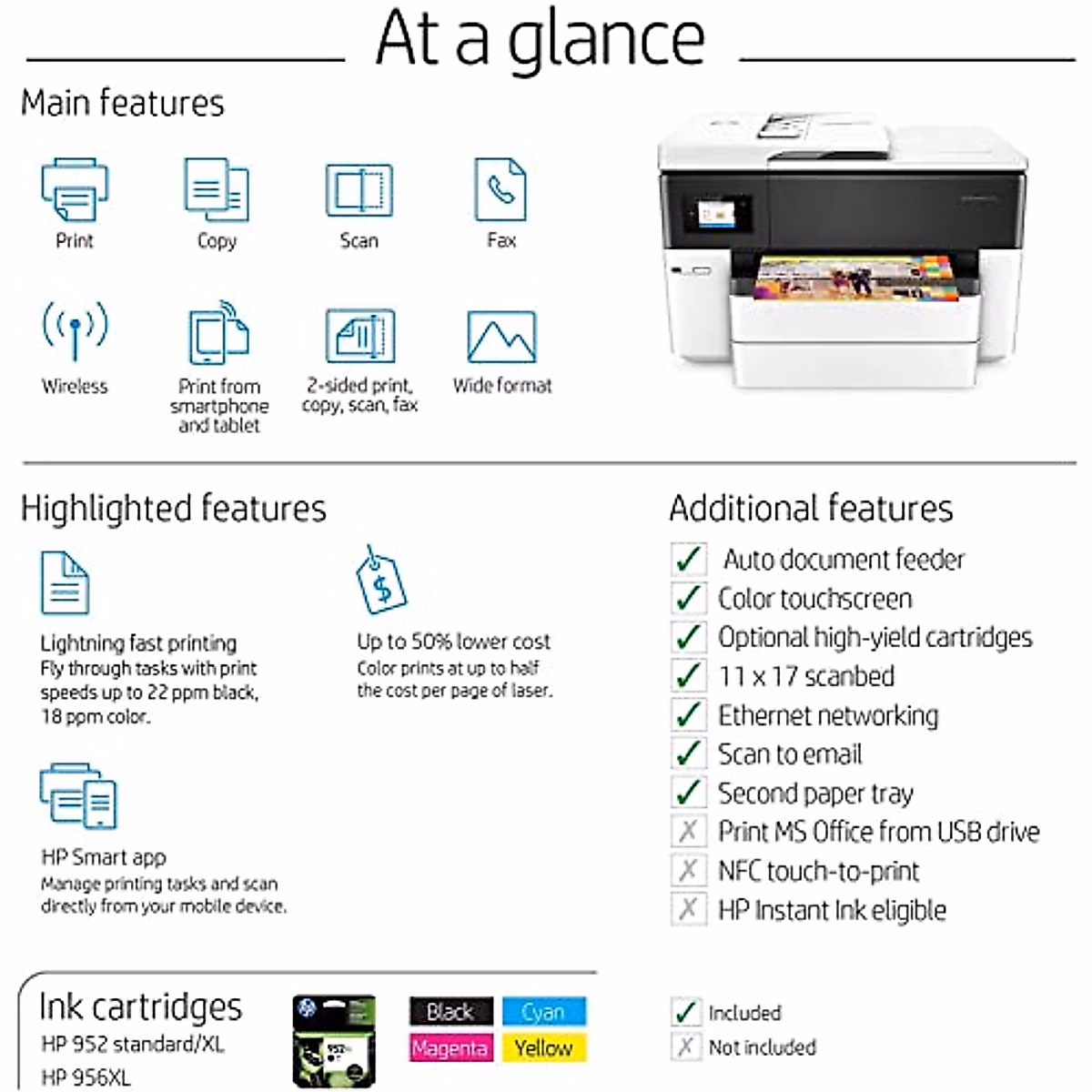 HP OfficeJet Pro Series Wide Format All-in-One Printer with Wireless Printing, Print Scan Copy Fax, Auto 2-Sided Printing, 512MB, 34 ppm, Compatible with Alexa - White