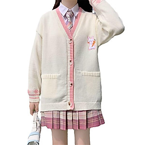 Womens Kawaii Rabbit Knit Sweater Cute Cardigan Aesthetic for Teen Girls Cosplay Y2k Anime Japanese JK School Uniform Jacket Beige