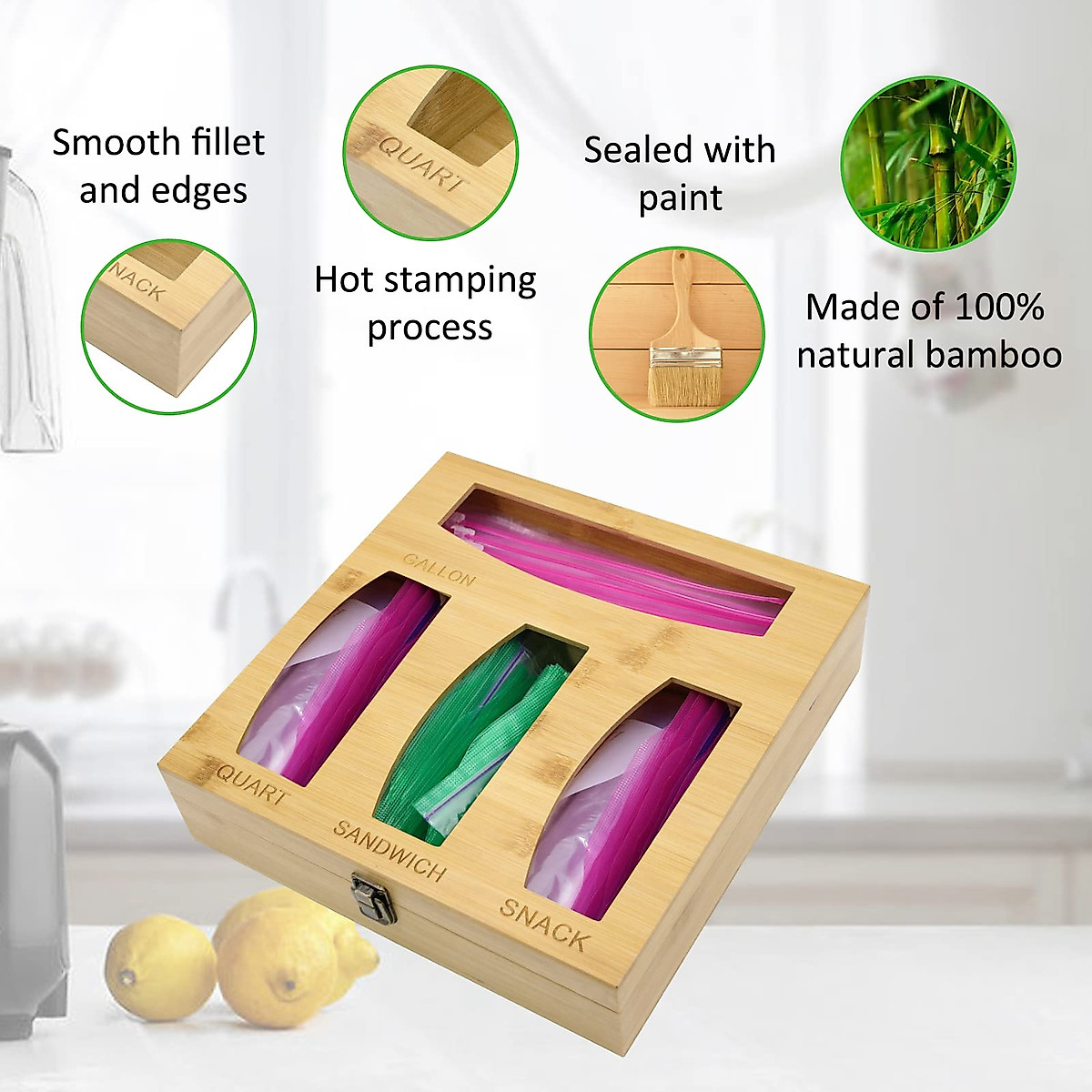 POBIDOBY Storage Bag Organizer Ziplock Bag Storage Baggie Organizer Dispenser for Kitchen Drawer with 4pcs Hooks, Bamboo Organizer Compatible with Gallon, Quart, Sandwich & Snack Variety Size Bags