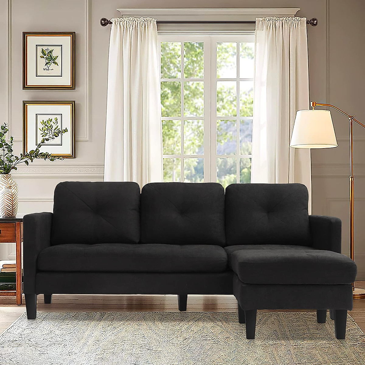 Grepatio Convertible Sectional Sofa Couch, L-Shaped Couch with Modern Linen Fabric for Small Space (Black)