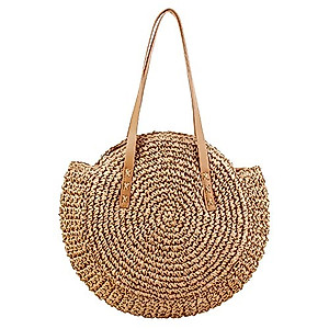 Round Straw Bag Large Woven Summer Beach Tote Handbags Handle Shoulder Bag for Women Vacation, Khaki