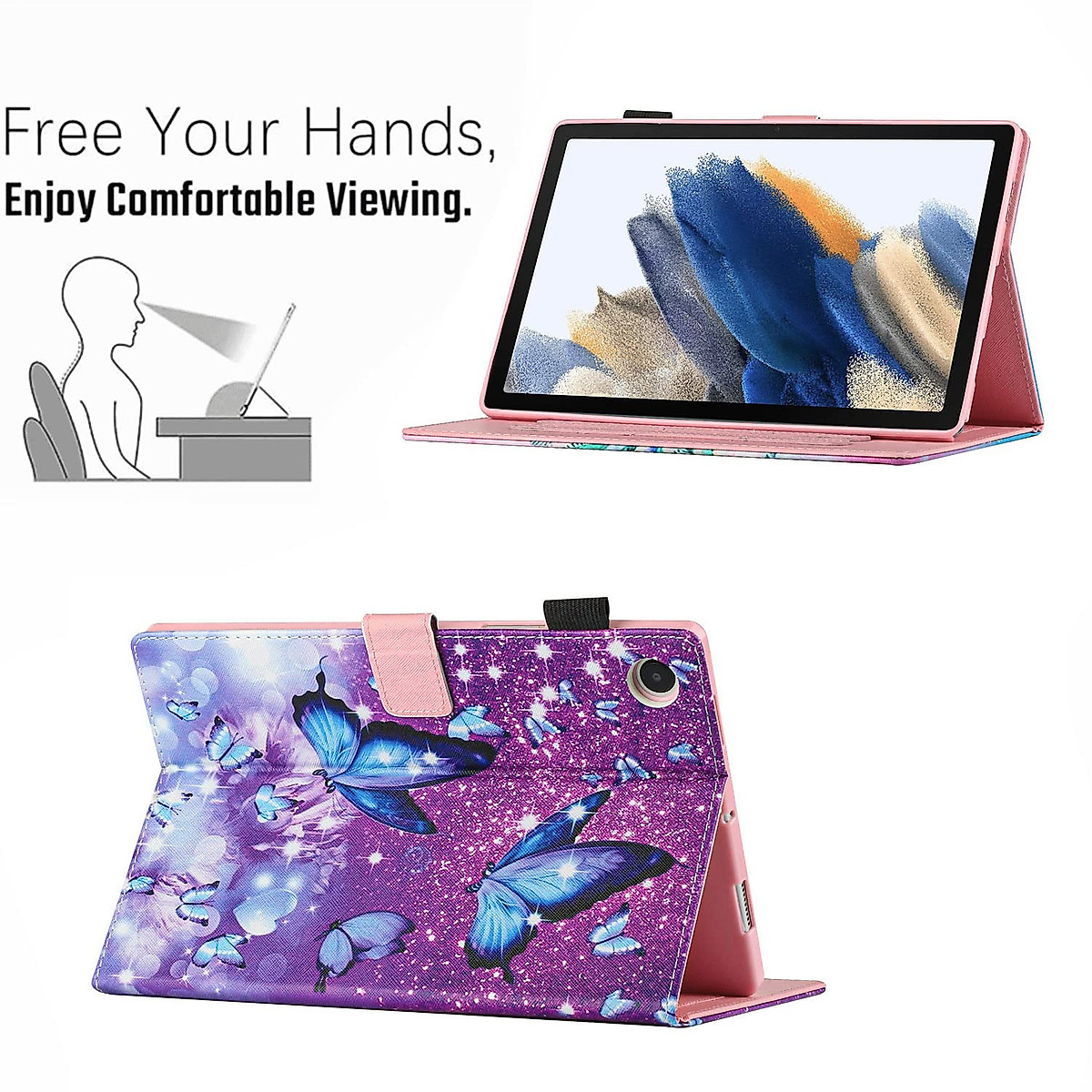 YUNHOTIC Case for Samsung Galaxy Tab A7 Lite 8.7 inch [ SM-T220/T225/T227 ] 2021 Model, Premium PU Leather Folding Stand Cover with Pen Holder & Multiple Viewing Angles - Purple Butterfly