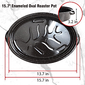 MorTime Granite Roasting Pan, 14.5" Enameled Oval Roaster Pot with Lid for Small Turkey, Chicken, Ham, Broiler Pan for Oven, Dishwasher