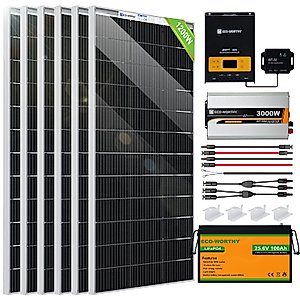 ECO-WORTHY 1200W 24V 5.52KWH Lithium Battery Solar System Off Grid RV Home: 6pcs 195W Bifacial Solar Panels + 60A MPPT Charge Controller + 25.6V 100Ah Lithium Battery + 3000W Pure Sine Wave Inverter